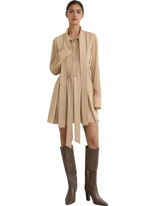 REISS Iman Tie-neck Belted Mini Dress - Cream