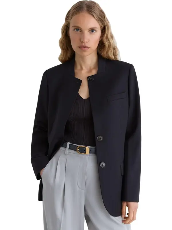 REISS Gia Wool-blend Check Collarless Blazer - Navy