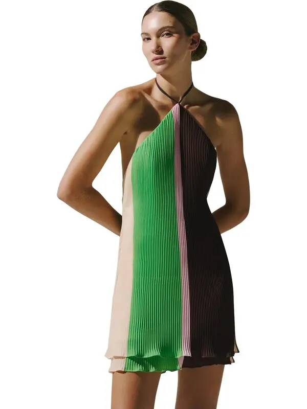 BAOBAB Coco Mini Dress With Halter Neckline And Pleated Fabric - Caffe Verde
