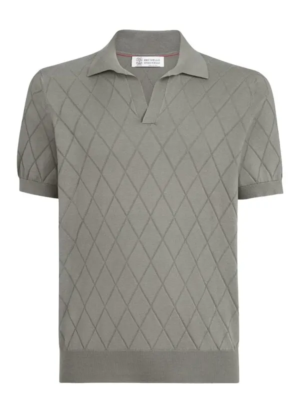 Brunello Cucinelli Cotton Textured Argyle Lightweight Knit Polo Shirt - Gray