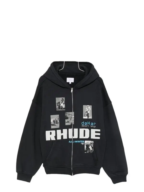 Rhude Long-sleeved Zip-up Hoodie With Graphic Print - Black