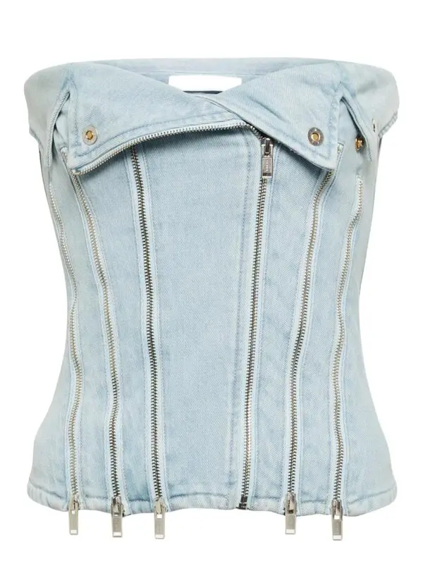 DION LEE One-shoulder Zippered Denim Bustier - White