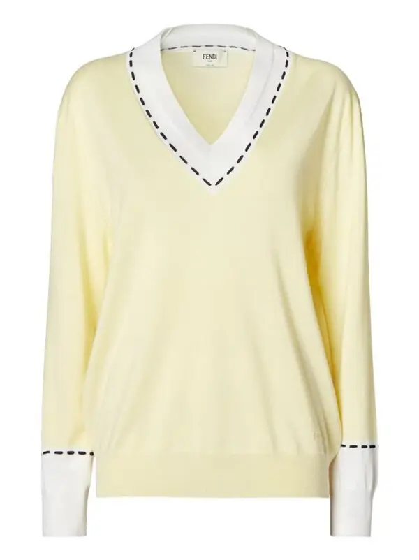 Fendi Wool And Silk Yarn Jumper With V-neck And Ribbed Embellishments - Yellow
