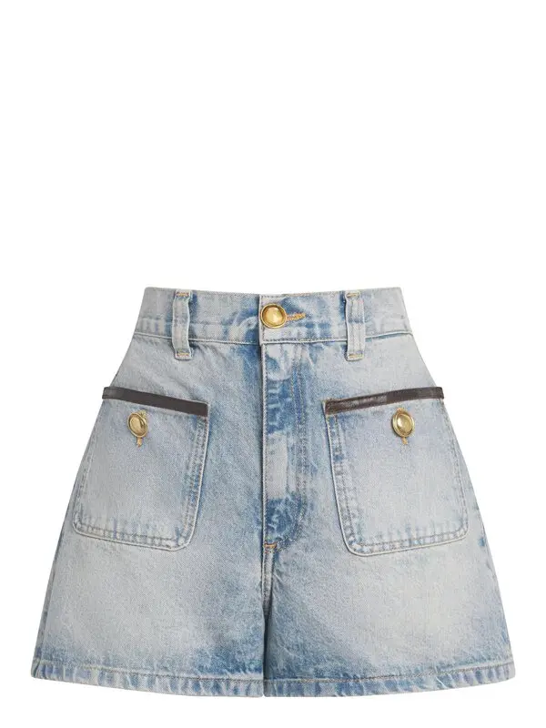 Sandro Light Wash Denim Shorts With Leather Trim - Blue