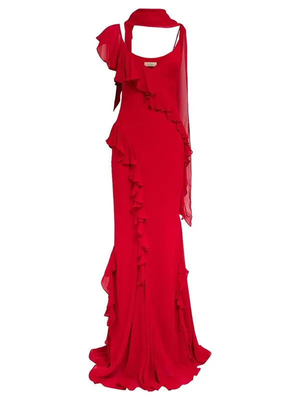 DE LA VALI Chiffon Ruffled Maxi Dress - Red