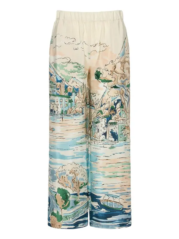 Max Mara Silk Printed Wide Leg Trousers - Turquoise