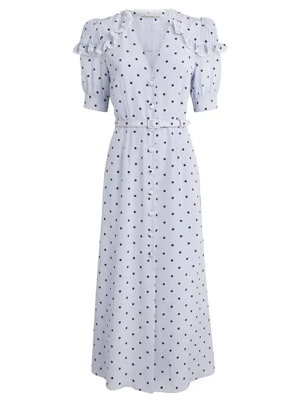 Alessandra Rich Polka Dot Ruffled Midi Dress - Blue