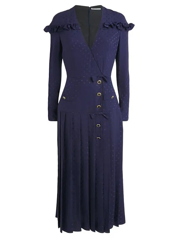 Alessandra Rich Silk Pleated Midi Dress - Navy