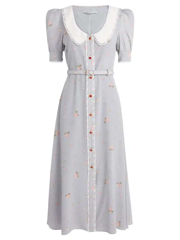 Alessandra Rich Floral Print Belted Midi Dress - Grey
