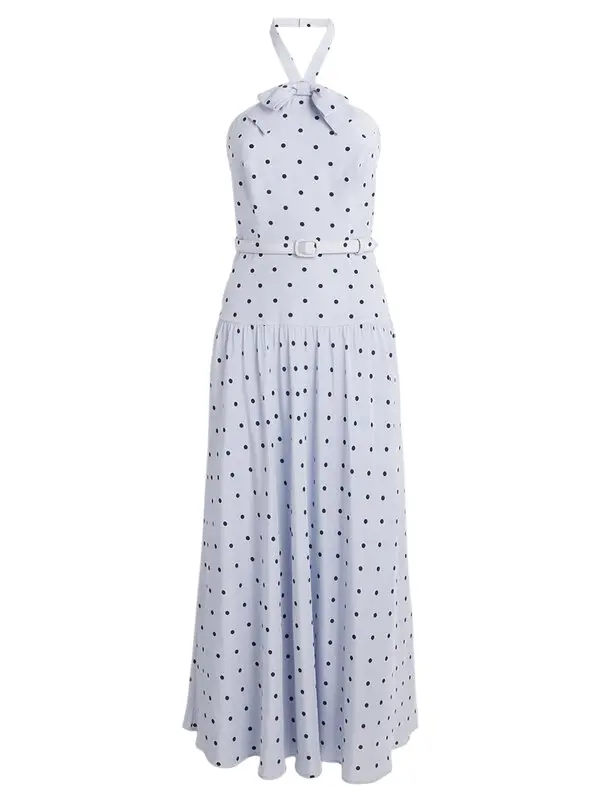 Alessandra Rich Silk Halterneck Midi Dress With Bow And Polka Dots - Blue