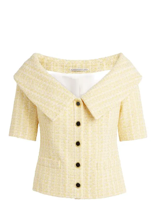 Alessandra Rich Off-the-shoulder Sequin Tweed Top - Yellow