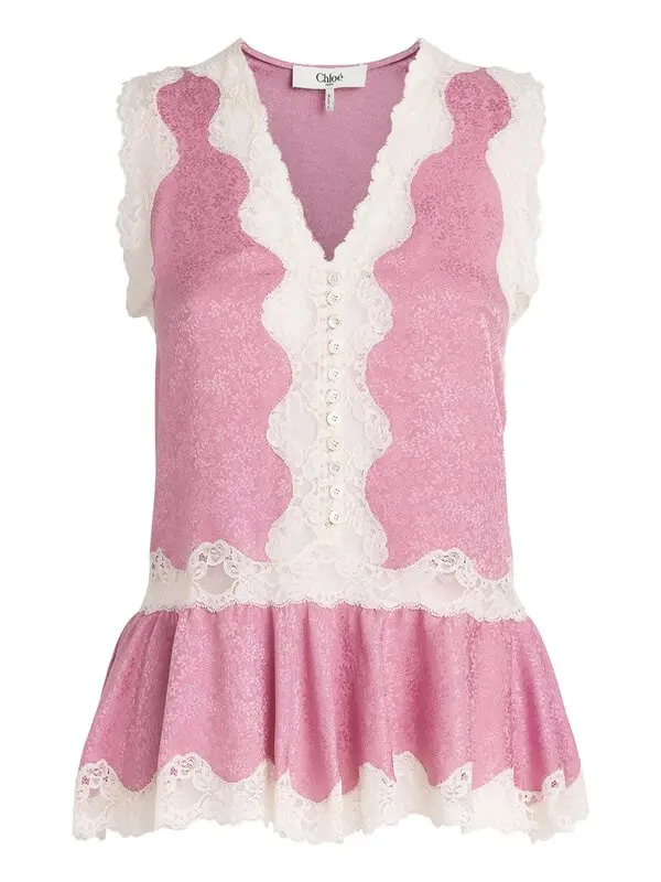Chloé Silk Jacquard Peplum Top - Pink