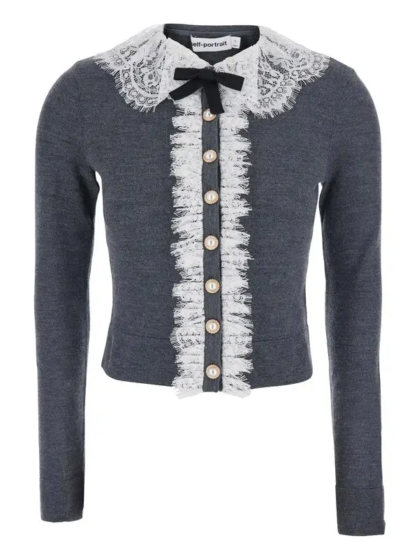 SELF-PORTRAIT Wool Cardigan With Lace Collar - Multicolor