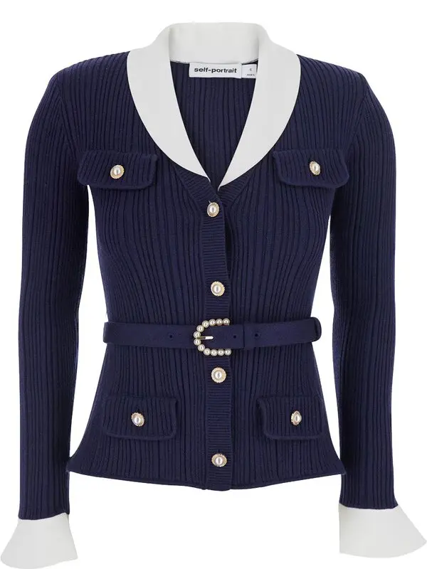 SELF-PORTRAIT Ribbed Cardigan With Belt And V-neck - Multicolor