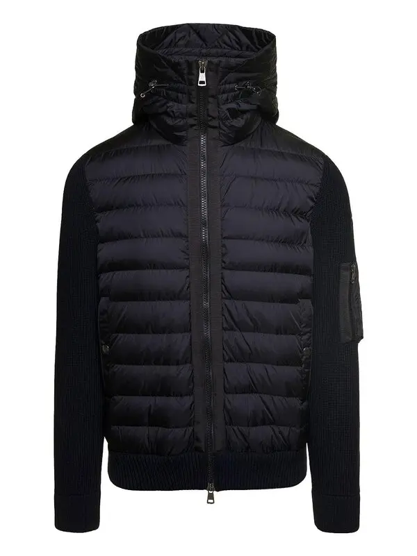 Moncler Hooded Cardigan With Technical Fabric And Wool Blend - Multicolor
