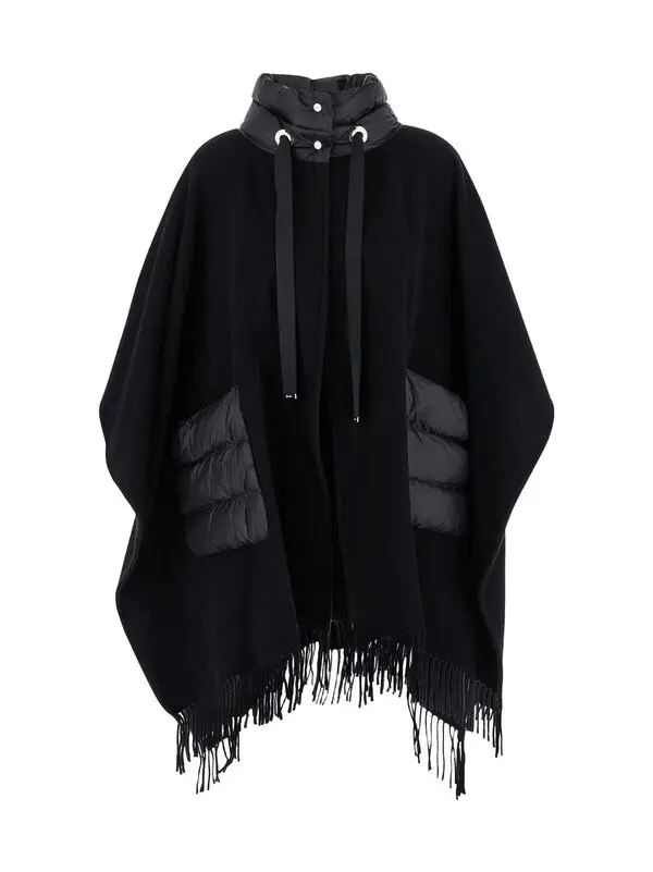 Herno High Neck Poncho With Patch Pockets In Wool And Nylon - Black