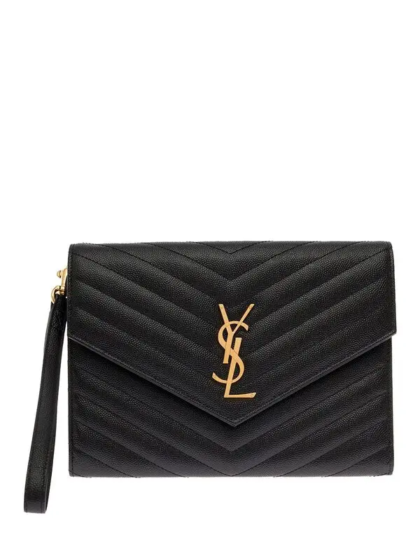 Saint Laurent Black Grain De Poudre Leather Handbag With Metal Logo And Gold-colored Hardware - Multicolor