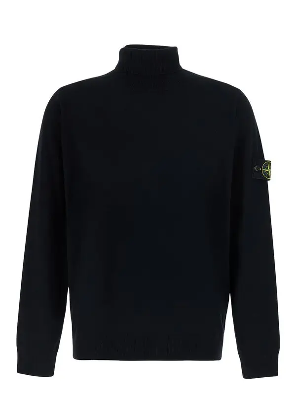 Stone Island Black Sweater With High Collar And Logo Patch On The Sleeve In Cotton - Multicolor
