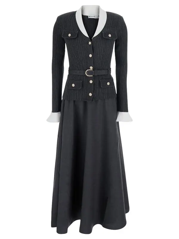 SELF-PORTRAIT Ribbed Long Sleeve V-neck Dress With Belted Waist - Multicolor