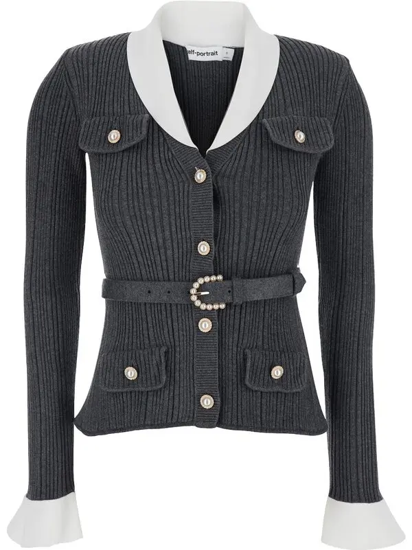 SELF-PORTRAIT Ribbed Knit Cardigan With Belt - Multicolor