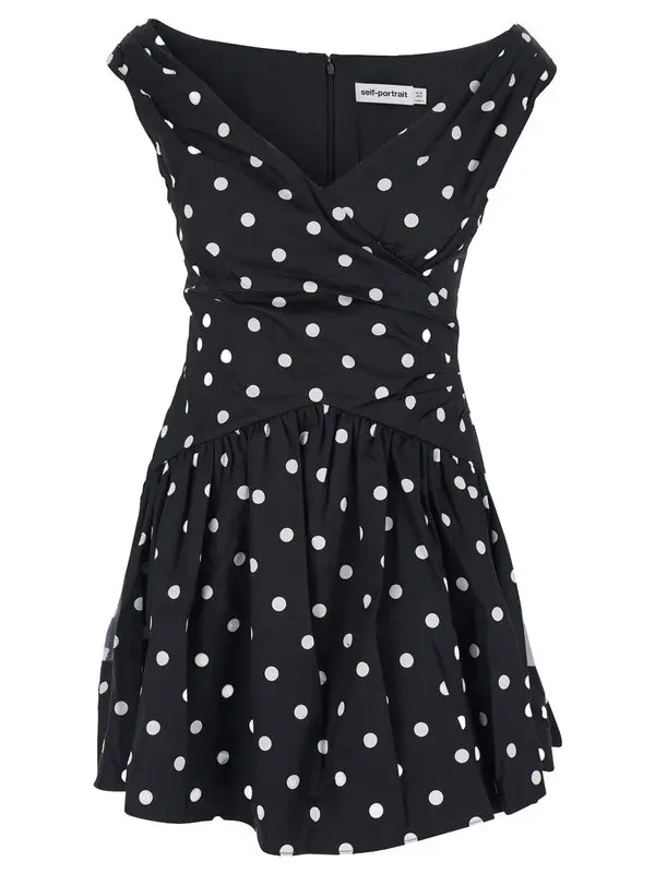 SELF-PORTRAIT Polka Dot Cotton Dress With Flared Skirt - Multicolor