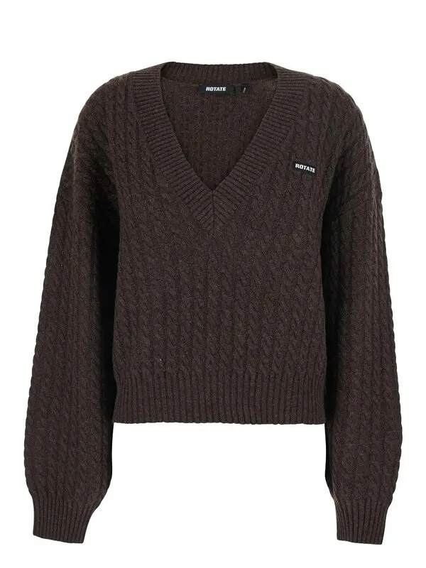 ROTATE BY BIRGER CHRISTENSEN Brown Wool And Cashmere V-neck Cable Knit Sweater - Multicolor