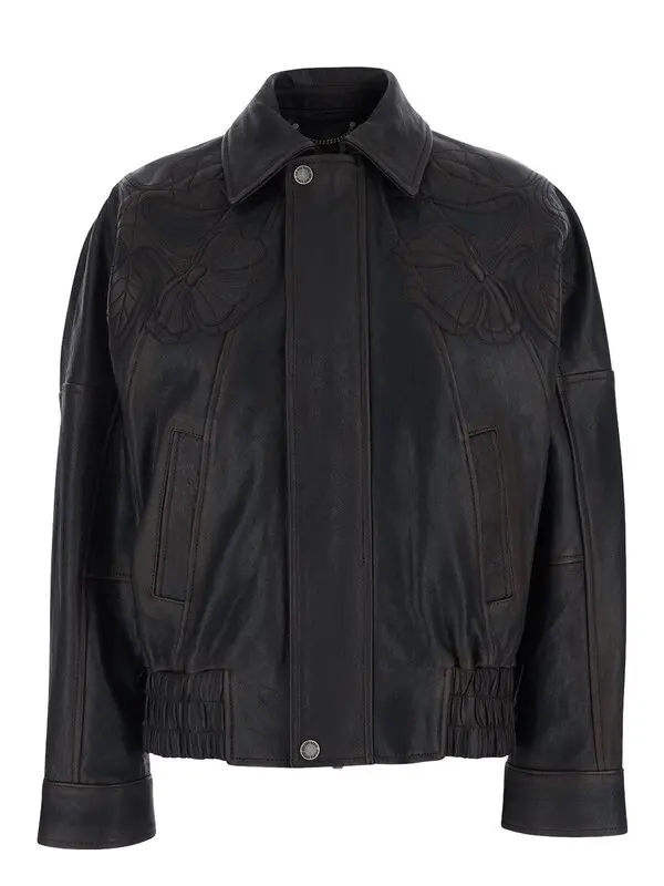 GOLDEN GOOSE Leather Jacket With Floral Embroidery - Multicolor