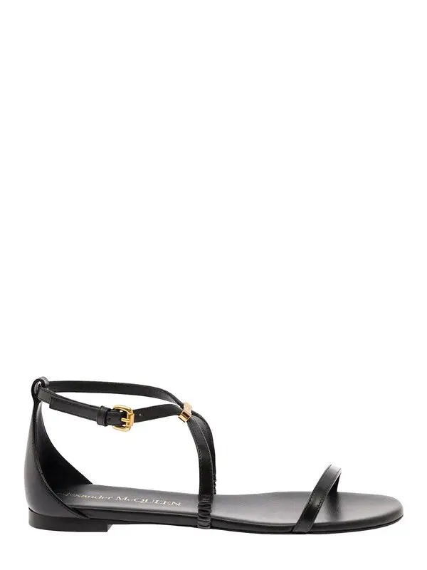 Alexander McQueen Black Leather Low Sandals With Engraved Logo - Multicolor