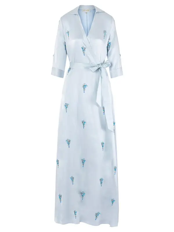 LA FUORI Elara Silk Satin Maxi Wrap Dress - Blue