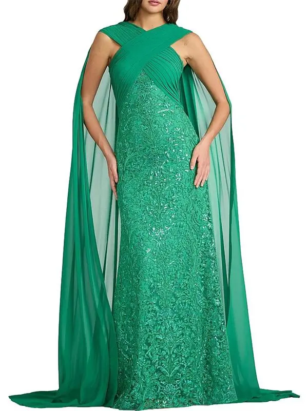 Tadashi Shoji Sequin Embroidered Cape Gown - Ancient Jade