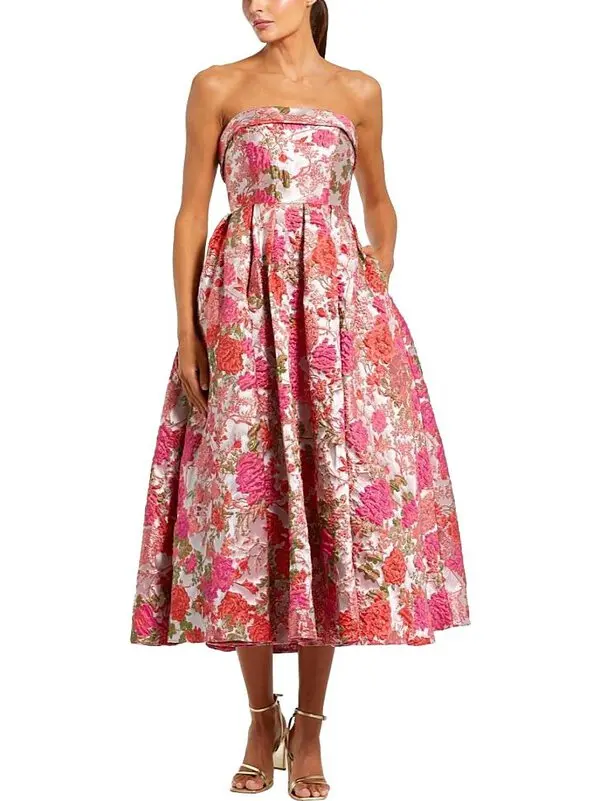 Mac Duggal Floral Brocade A-line Midi Dress - Pink Multi