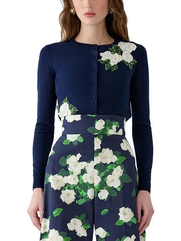 Carolina Herrera Embellished Long Sleeve Round Neck Cardigan - Midnight