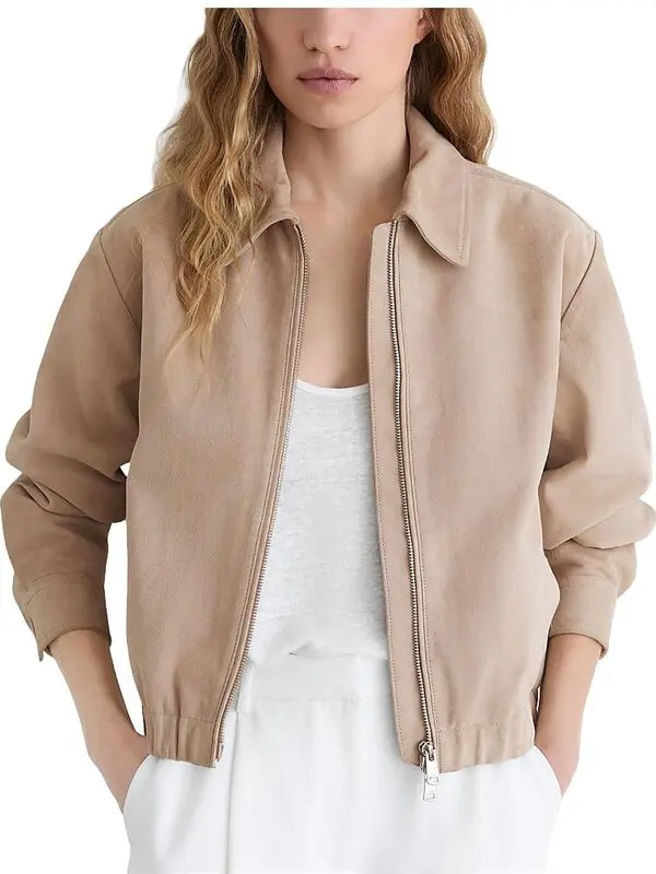 REISS Lottie Suede Bomber Jacket - Neutral
