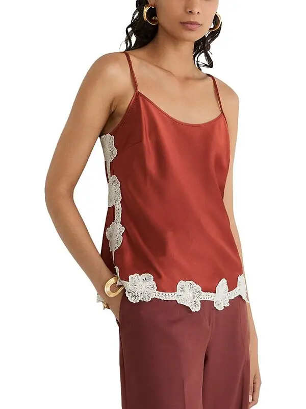 REISS Floral Lace Trim Satin Cami - Rust Orange