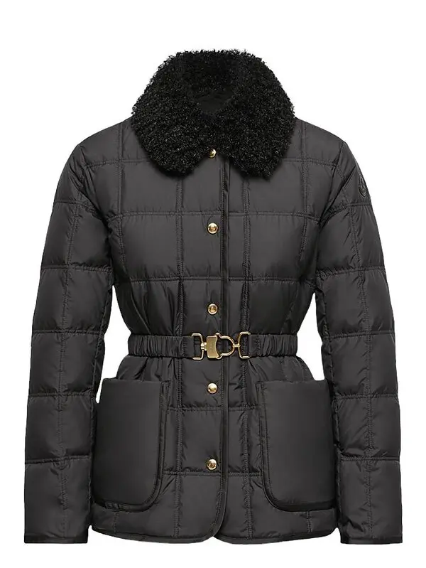 Moncler Cygnes Quilted Down Jacket With Textured Collar And Belted Waist - Black