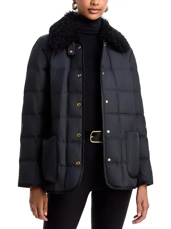 Moncler Cygnes Quilted Down Jacket With Textured Collar And Belted Waist - Black