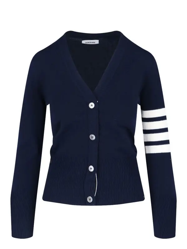 Thom Browne 100% Cashmere V-neck Cardigan With Signature Striped Sleeves - Blue