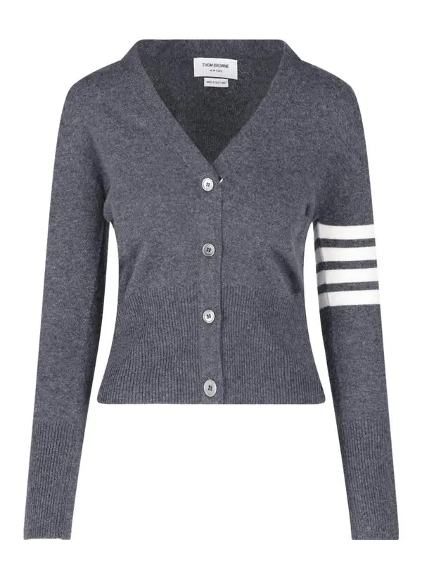Thom Browne 100% Cashmere Crewneck Cardigan With Signature Stripes - Grey