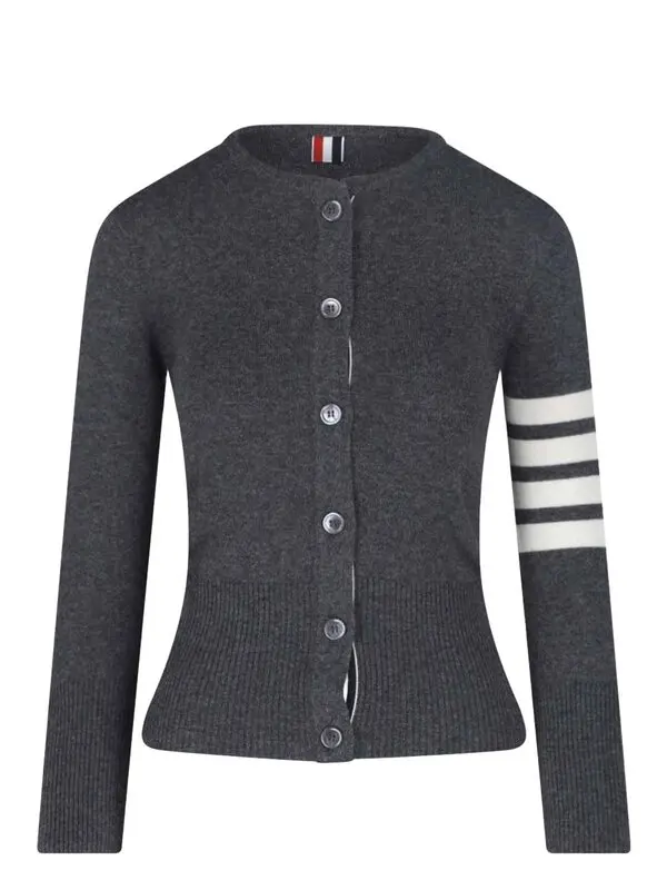 Thom Browne 100% Cashmere Crewneck Cardigan With Signature Stripes - Grey