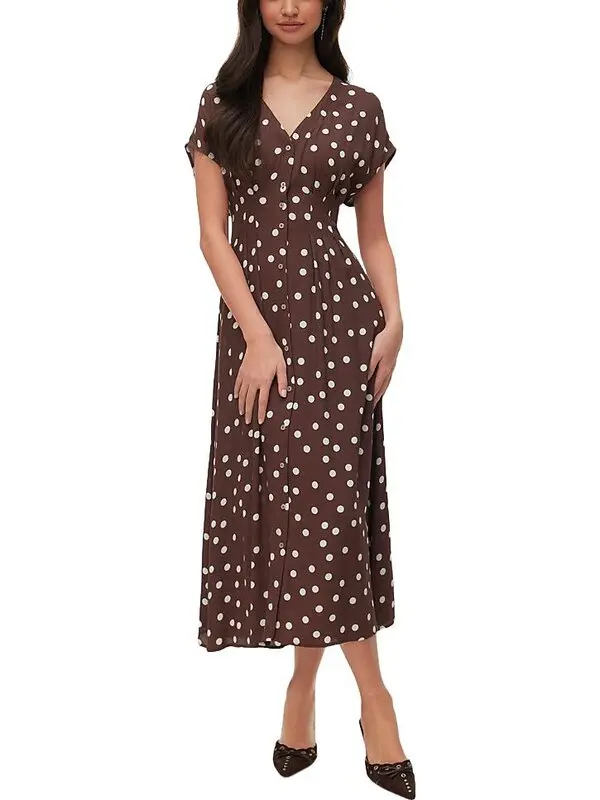 Vero Moda Polka Dot V-neck Dolman Sleeve Midi Dress - Chocolate