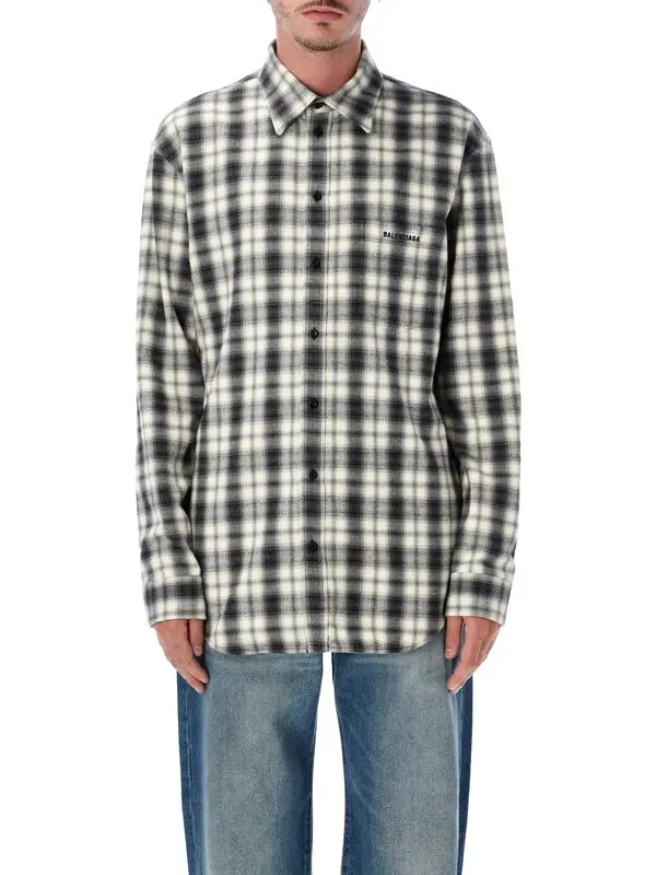 Balenciaga Checkered Cotton Flannel Shirt With Embroidered Chest Pocket Logo - Bianco