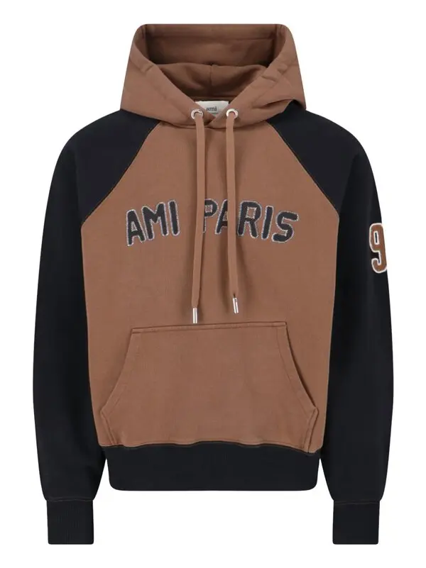 AMI Paris Contrast Sleeve Hoodie - Brown