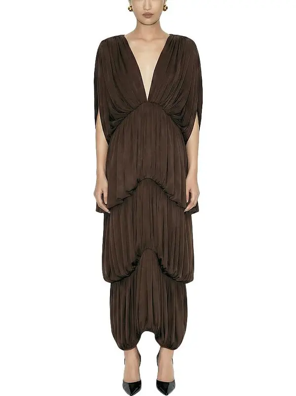 Ronny Kobo Plunge Neck Draped Maxi Dress - Chocolate