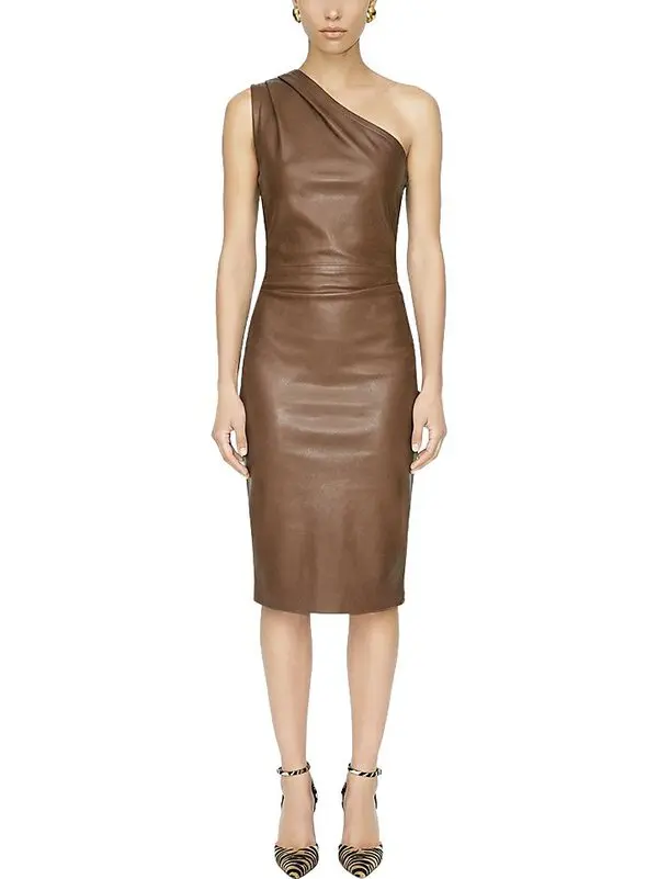 Ronny Kobo Pelle One Shoulder Faux Leather Dress - Saddle