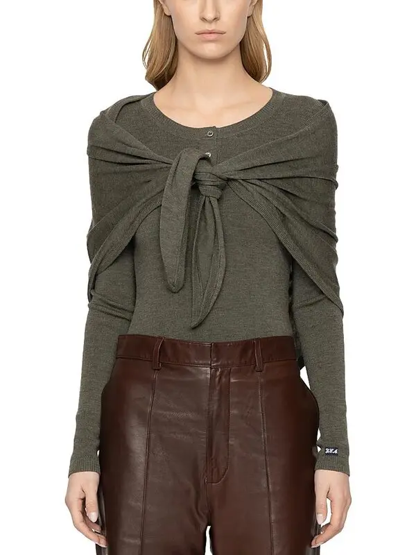 Sea Jane Wool Henley Sweater With Scarf - Sage