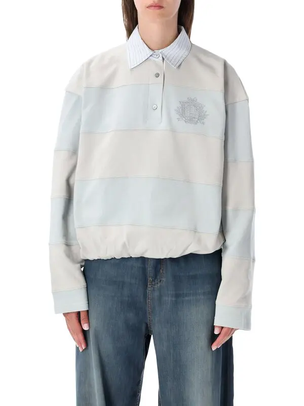 Acne Studios Relaxed Striped Polo Sweatshirt With Crest Logo Patch - Light Blue Grey