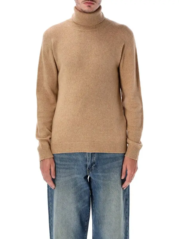 ROBERTO COLLINA Camel Wool Blend Ribbed Turtleneck Sweater - Marrone