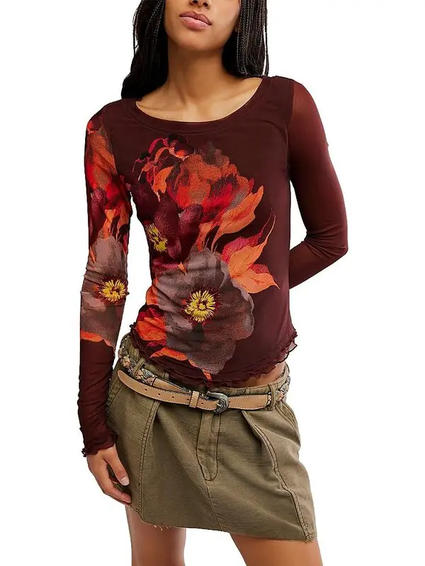 Free People Lilly Printed Long Sleeve Top - Cocoa Combo
