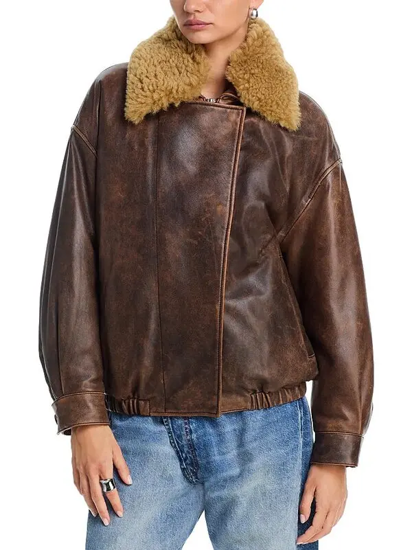 R13 Shearling Trimmed Leather Bomber Jacket - Brown