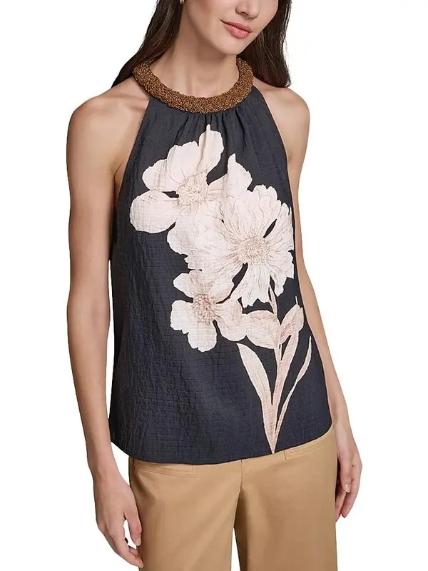 Karl Lagerfeld Paris Embellished Neck Floral Print Sleeveless Top - Midnight/ Navy